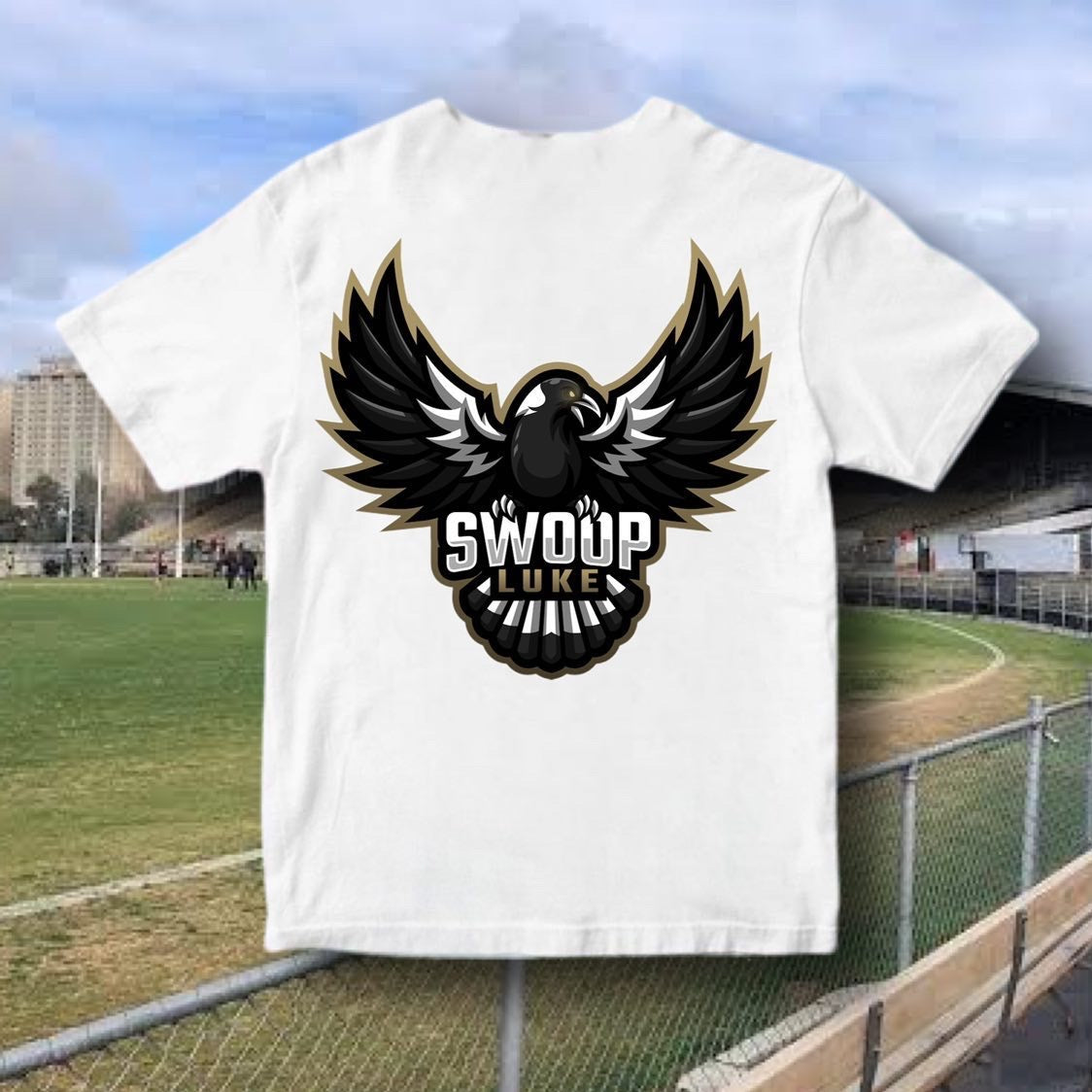 SWOOP LUKE: FRONT & BACK - WHITE TEE – The Carlton Draft